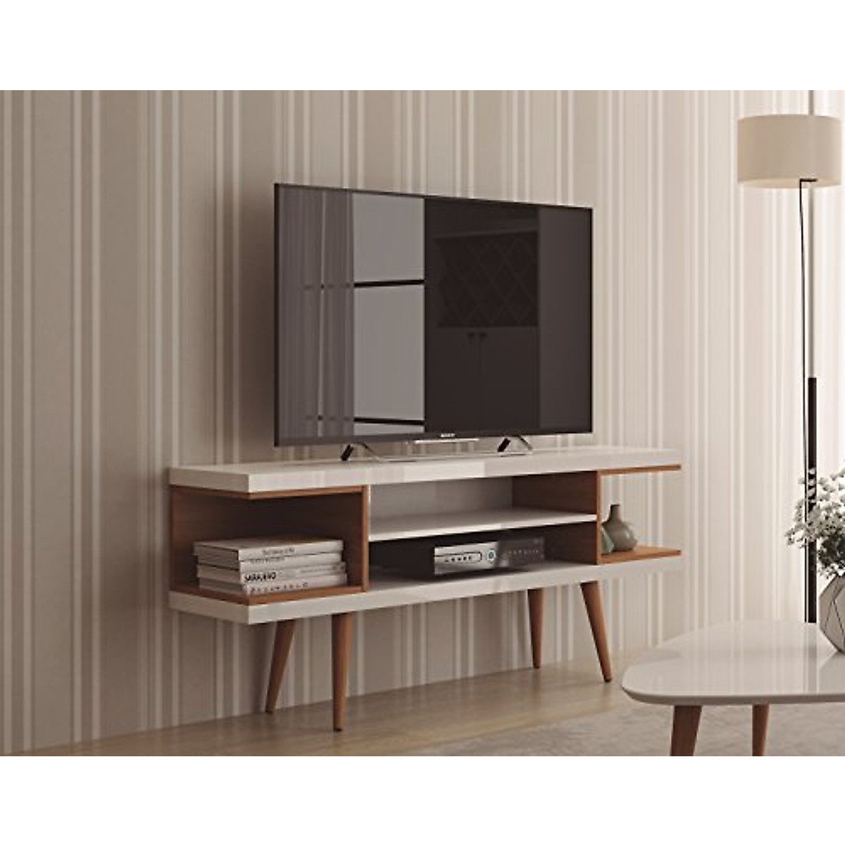 Manhattan Comfort Utopia Collection Mid Century Modern TV Stand With Open 3 Open Shelves and Two Open Cubbies, White/Wood
