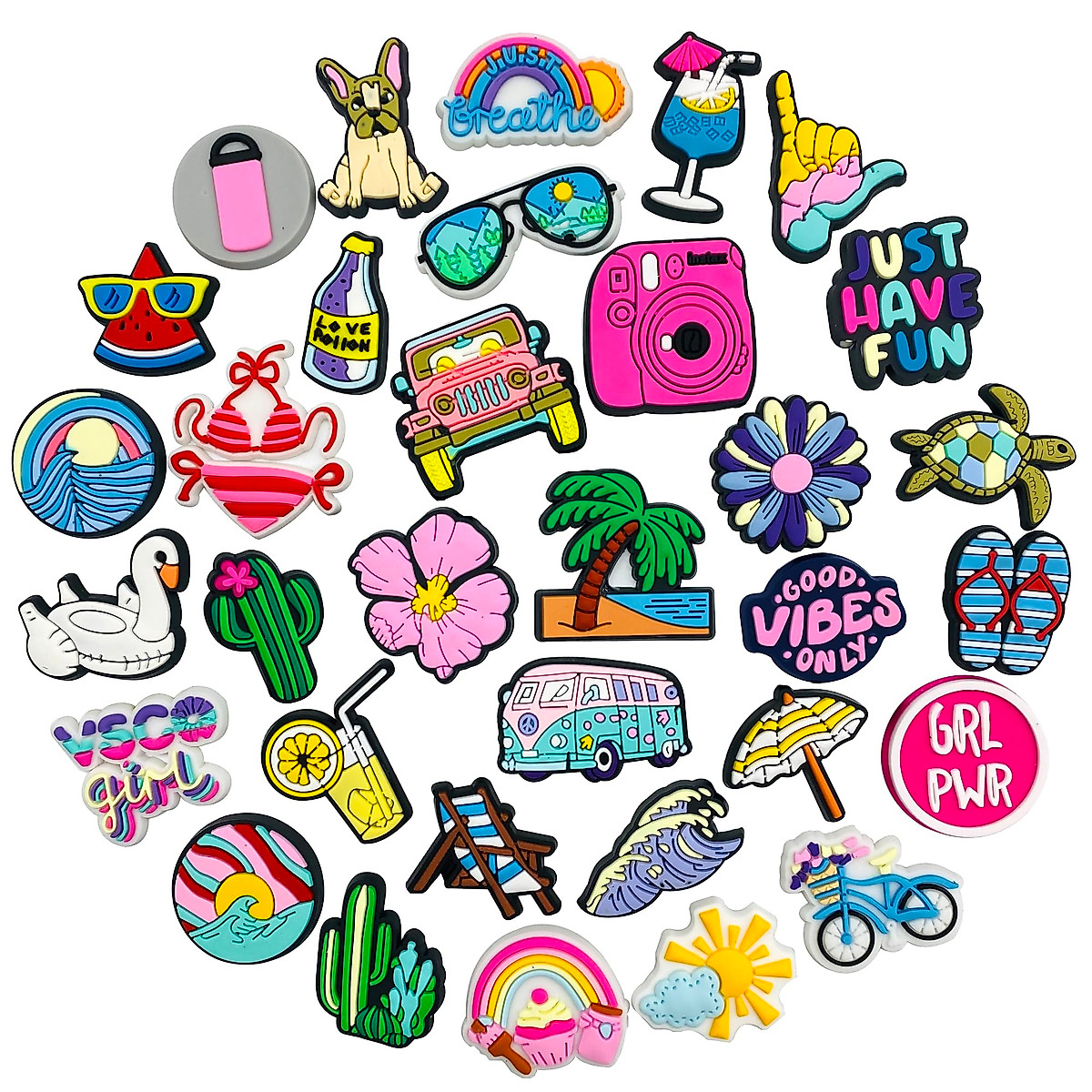 35PCS Summer Shoe Charms for Crock Bubble Slides,Cool Coconut Tree Cactus Fruit Juice Flowers Shoe Decoration Charms Pins for Kids Teens Girls Boys Men Women Party Favor