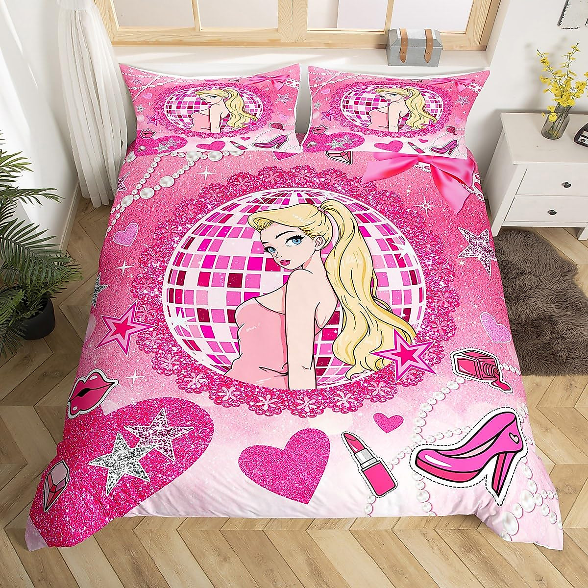 Pink Girly Princess Kids Duvet Cover Set Twin Size,High-heeled Shoes Lip Bowknot Romantic Bedding Set,Beauty Girls Room Decor,Glitter Sequin Diamond Comforter Cover,Dreamy Quilt Cover,1 Pillowcase