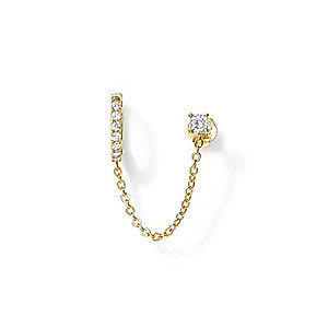 PAVOI 14K Yellow Gold Chain Earrings for Women | Double Piercing Dangle Chain Huggie Hoop Earrings | Cubic Zirconia Pearl Stud Earrings for Women (Single)