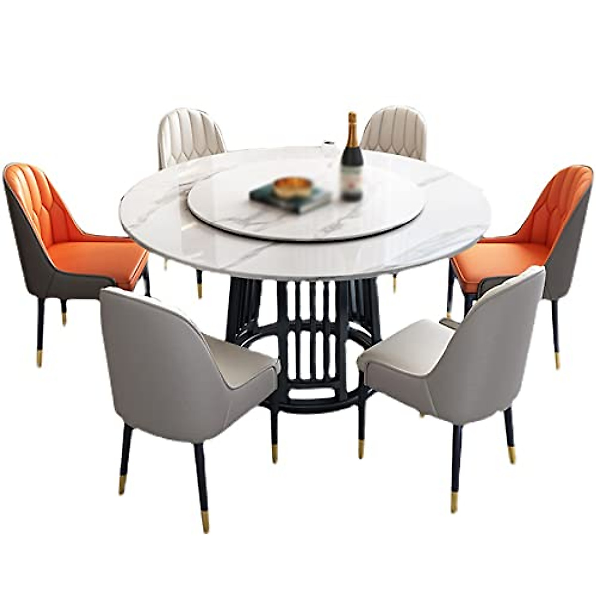 LITFAD Modern 7 Pieces Dining Table Set Round Sintered Stone Dining Table and Chairs for 6 Rotating Table for Dining Room Restaurant - 7 Pieces: White Table with 4 White and 2 Orange Chairs…