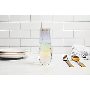 KooK Stemless Iridecent Champagne Flutes, Durable Glass, Great for Mimosa, Cocktails, Toasting Weddings Glasses, 9.4 oz, Set of 8