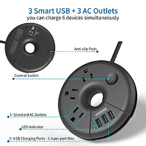 Extra Long Extension Cord Bundle, NTONPOWER Flat Plug Power Strip with USB Ports 3 Outlets, Compact Desktop Charging Station with Switch for Home, Office, TV, Nightstand, Dorm Room Essentials, Black