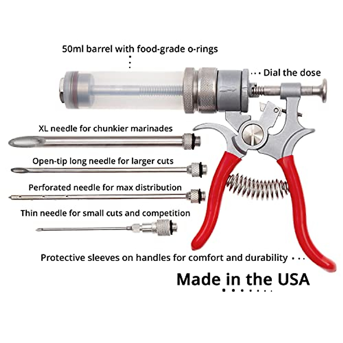 SpitJack Magnum Meat Injector Gun. Food Flavor Injection Syringe for Smoked BBQ Marinades and Meat Seasoning. 4 needles for Pork Butt, Beef Brisket, Turkey Breast. 50ml Capacity. Made in the USA.