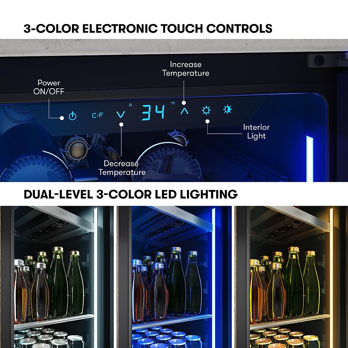 Zephyr Presrv 15" Slim Wine Fridge & Beverage Refrigerator Single Zone Under Counter - Narrow Mini Wine Cooler Small Beer Cabinet Drink Chiller Freestanding with Glass Door, 4 bottles, 64 cans