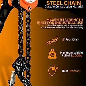 SuperHandy Manual Chain Hoist Come Along 1/2 Ton 1100Lbs Capacity 5' Foot Lift 2 Heavy Duty Hooks Commercial Grade Steel Construction Building Garages Warehouse Automotive Machinery