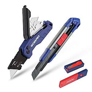 WORKPRO Utility Knife, 2-piece, Folding Box Cutter and 18mm Snap-off Knife, Light Weight Aluminum Body with Stainless Quick Change Blade Holder, Extra 20 SK5 Blades Included