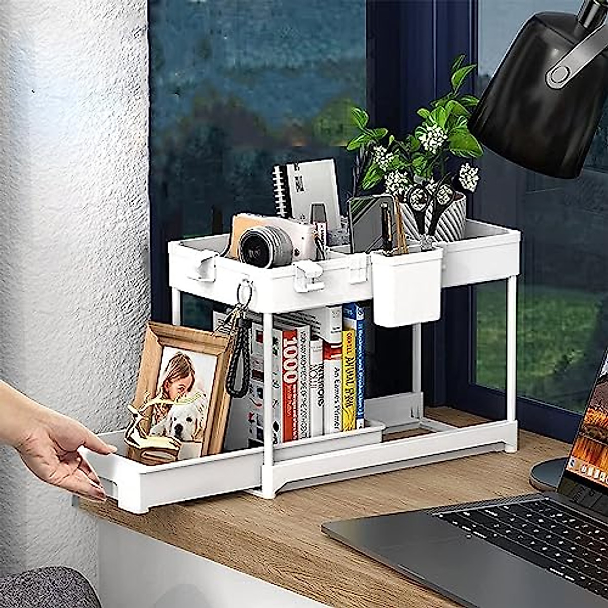 SZIPJAMP Under Sink Organizers and Storage 2 Tier Slide Out Kitchen Cabinet Organizer Sturdy Metal Storage Rack White Matte Kitchen Shelf for Countertop