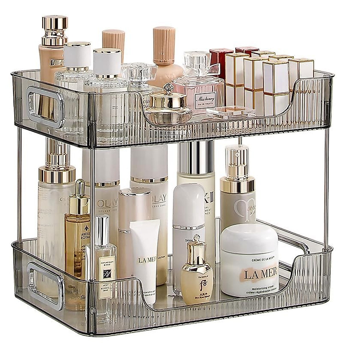 CESTATIVO Bathroom Organizer Countertop, 2 Tier Vanity Tray, Skincare Makeup Organizer Shelf, Vanity Organizer, Bathroom Counter Shelf for Cosmetics, Toiletries, Lotions, Perfumes, Clear