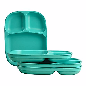 Re-Play Made in USA Large 3 Compartment Plates, Pack of 4 - Reusable Divided Plates for Kids, Dishwasher and Microwave Safe - Durable Lunch Trays for Kids 7.4" x 9.88" x 1.25", Aqua