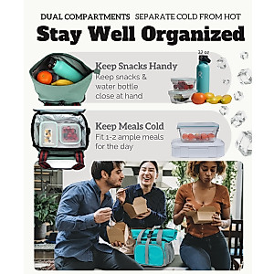 SUNNY BIRD Dual Compartment Lunch Bag Insulated Lunch Box for Women and Men (Green with boho strap)