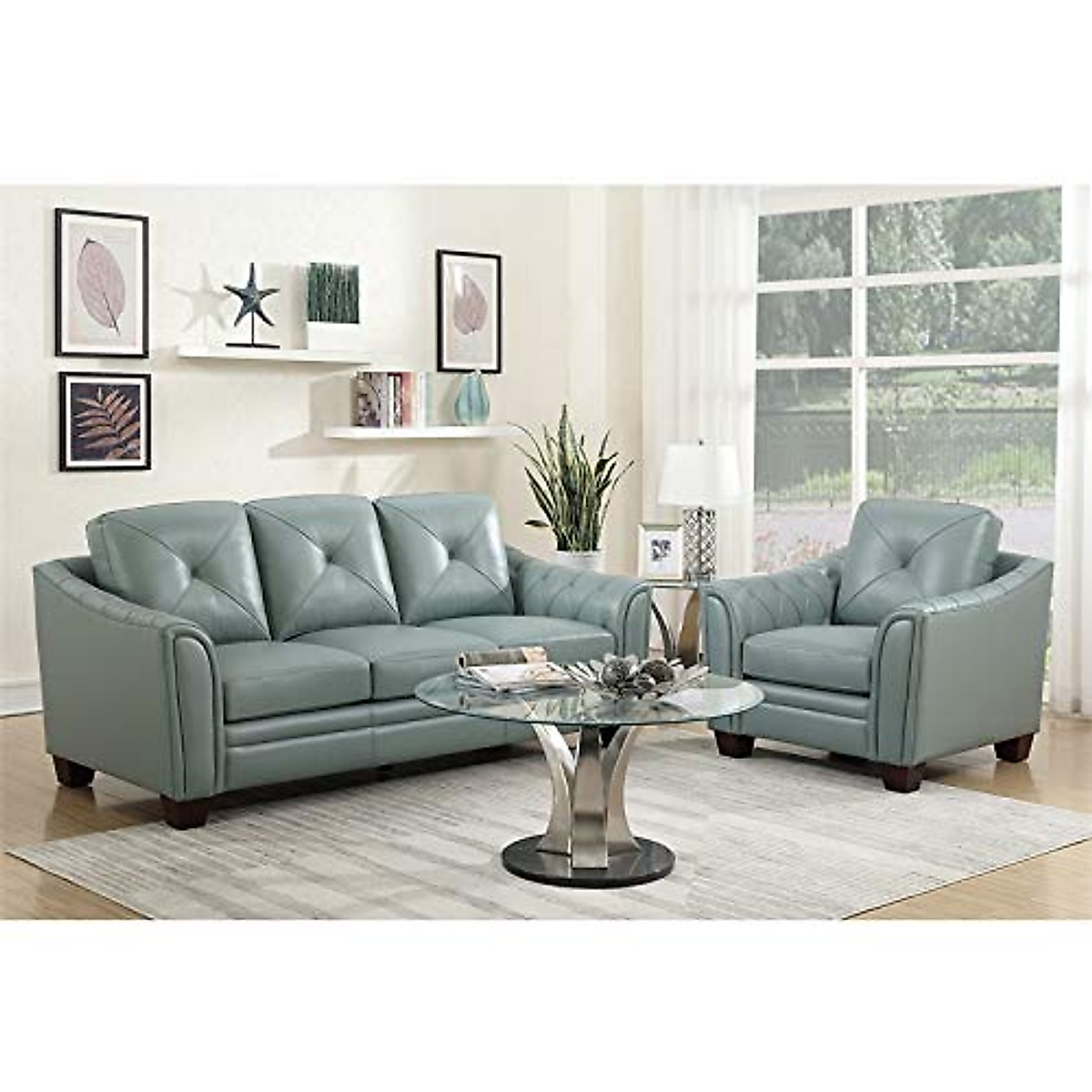 MAKLAINE Tufted Transitional Leather Sofa in Spa Green Finish