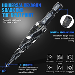 M35 Four Spiral Flute Step Drill Bit Set 1/8"-1/2" （13 Sizes ）,1/4" Hex Shank Drill, Impact Resistant M35HSS Unit Stepper bit, for Stainless Steel, Wood, Aluminum, Plastic