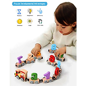 SHIMANDA 12 PCS Wooden Magnetic Train Cars Toy, Magnetic Train Toys Set Includes Locomotive & 11 Pieces Train Cars, Count and Color Educational Learning Toys for Kids Boys and Girls (Number)