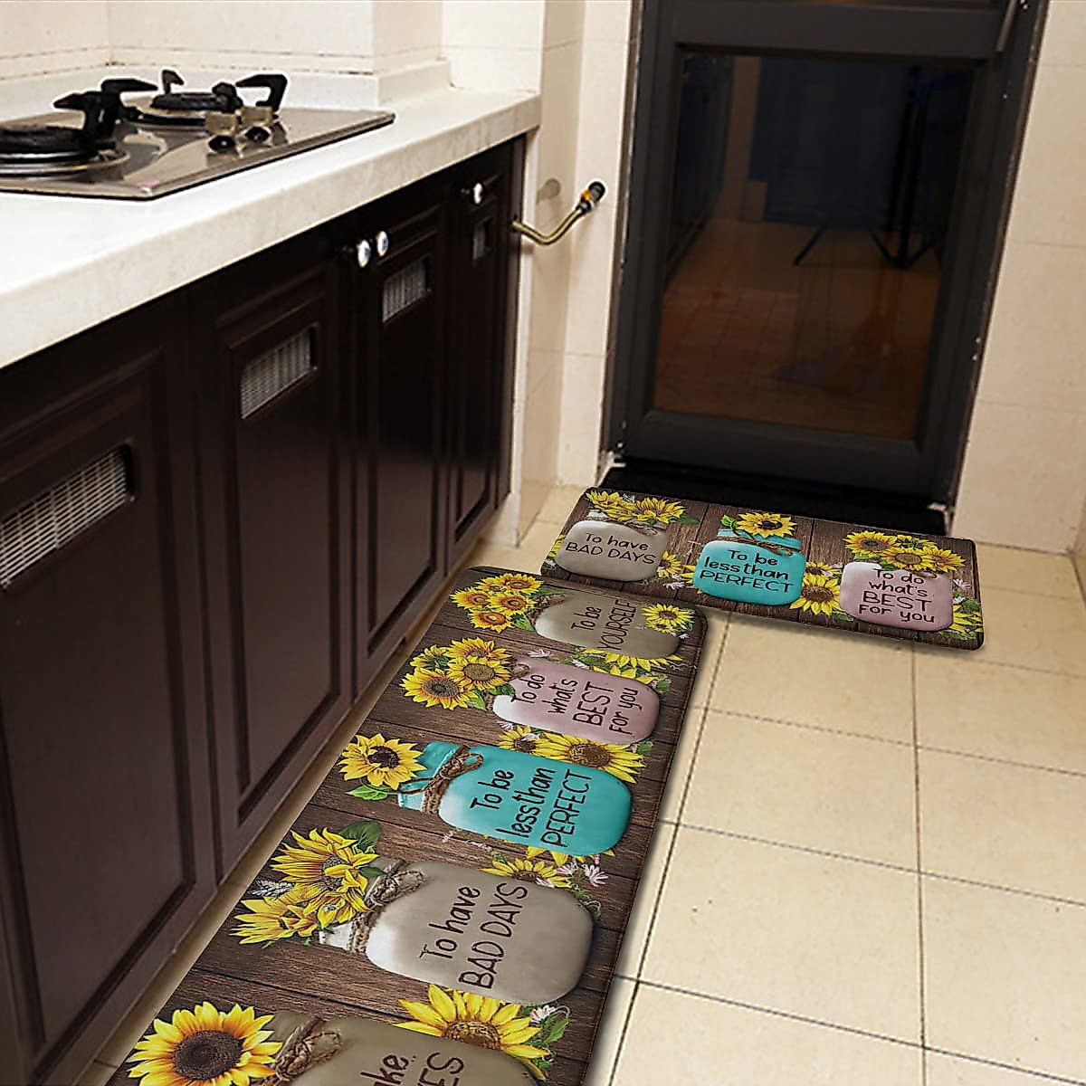 Sunflower Kitchen rugs set of 2 Anti Fatigue Comfort Mat Ergonomically Engineered Flannel You are my sunshine Soft Kitchen mat for floor Waterproof Non-Skid for Kitchen Sink Laundry 17"x47"+17"x24"