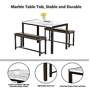 AWQM Dining Table Set 4, Metal Frame and Faux Marble Table Top, Modern 3 Piece Kitchen Table Set with 2 PU Leather Upholstered Bench for Apartment, Space-Saving Furniture, White