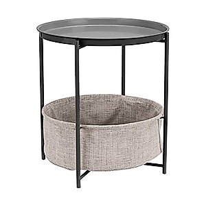 Amazon Basics Round Storage End Table, Side Table with Cloth Basket, Charcoal/Heather Gray, 17.7 x 17.7 x 18.9 in