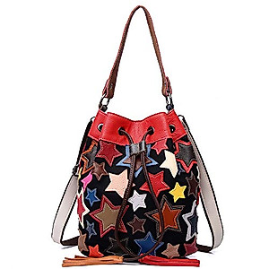 Segater® Women Multicolor Drawstring Bucket Bag Genuine Leather Colorful Star Stitching Handbag Purse Ladies Bohemian Design Handbag Vintage Patchwork Crossbody Bags