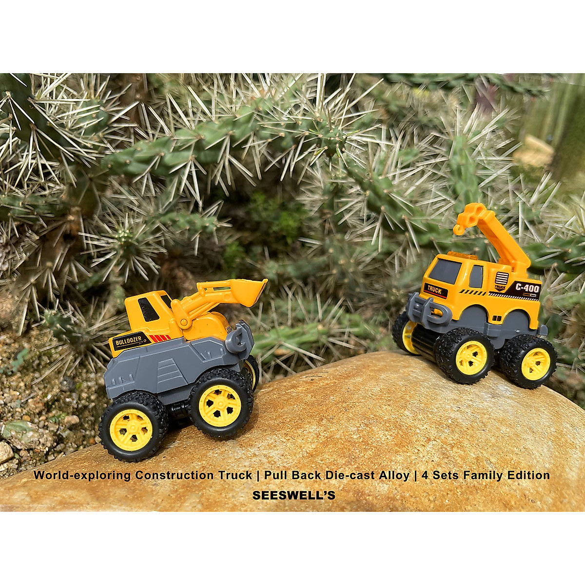 SEESWELL Construction Truck Toys | Monster Truck | Pull Back Friction Powered | Die-cast Alloy Vehicles Playset | 4 Pack | Toys for 3+ Years Old Kids