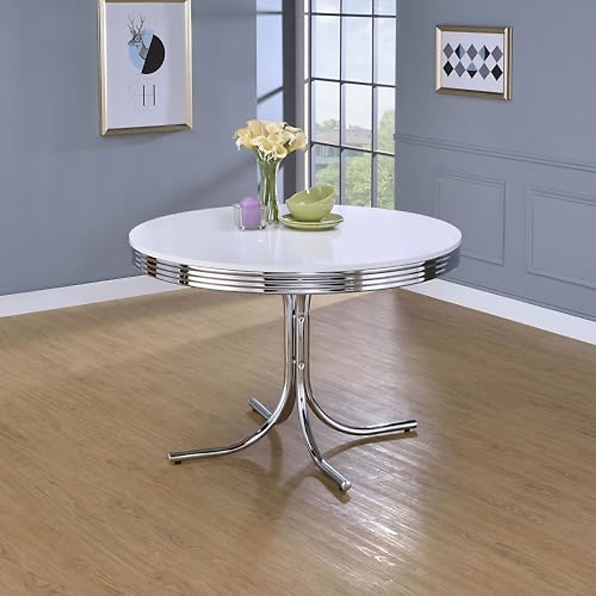 Coaster Home Furnishings Retro 1950s Soda Fountain Diner Round Dining Room Table White Laminate Top Sturdy Steel Chrome Base 2388