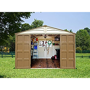 Duramax 0638801402145 Woodbridge Plus 10.5 x 8 Plastic Garden Shed with Foundation Kit & Fixed Window Brown-15 Years Warranty, 10x8, Brown & Ivory