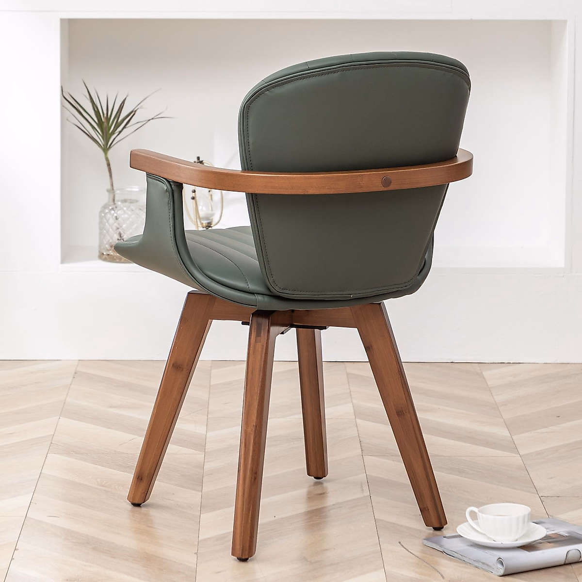 LUNLING Swivel Dining Chairs Set of 2, Mid Century Modern Green Faux Leather Kitchen Chairs with Arms,Bamboo Legs Side Chairs No Wheels,Accent Chair for Dining Rooms and Offices
