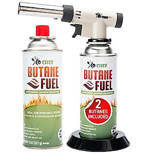 Jo Chef Pro Butane Torch - Refillable Torch Lighter Head, Hand Held Small Kitchen Torch with Adjustable Flame - Culinary Blow Torch, Creme Brulee Torch, Baking, BBQ, Including 2 Butane Canisters