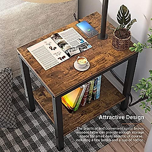 LityMax LED Floor Lamp with Table - Rustic End Table with USB Charging Port, Power Outlet, Bedside Nightstand Shelves, Side Table with Reading Standing Light for Living Room, Bedroom, Bulb Included