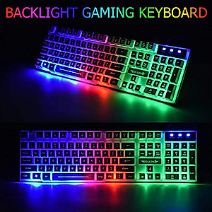 Wired Gaming Keyboard and Mouse Headset Combo,Rainbow LED Backlit Wired Keyboard,Over Ear Headphone with Mic,Rainbow Backlit Gaming Mice,Mouse Pad,for PC,Laptop,Mac,PS4,Xbox(White)