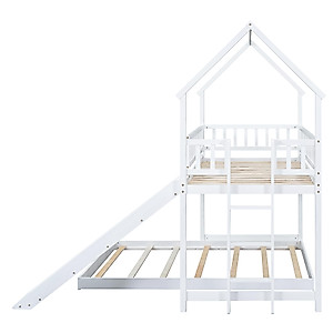 Harper & Bright Designs House Bunk Bed with Slide, Wood Twin Over Full L-Shape Bunk Bed Frame with Roof, Full-Length Guardrail, Built-in Ladder for Kids Teens, No Spring Box Required (White)