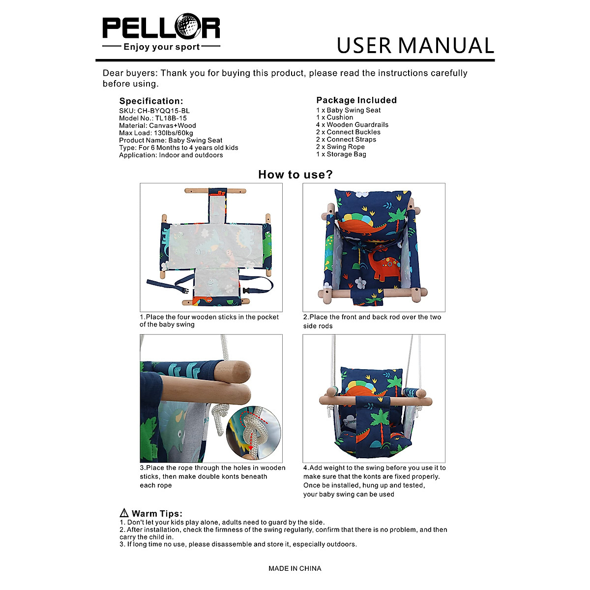 Pellor Wooden Baby Swing Seat with Backrest and Safety Harness,Adjustable Handmade Swing Seat for Baby and Children Indoor & Outdoors (Blue)