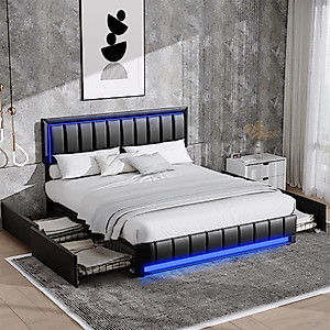 NEDYO Queen Size Bed Frame with Headboard, Platform Bed Frame with LED Lights&4 Storage Drawers, Faux Leather Upholstered Headboard, Wooden Slats Support, NO Box Spring Needed. Metal Black