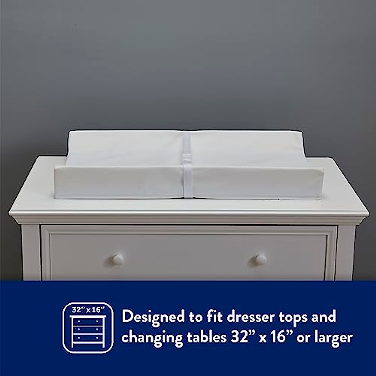 Kolcraft Waterproof Contoured Baby Diaper Changing Pad for Dresser or Changing Table, Easy Clean, Soybean Enhanced Foam, Safety Restraint Belt and Anchoring Straps, Made in USA - White, 17" x 33"