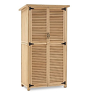 MCombo Outdoor Wooden Storage Cabinet, Garden Tool Shed with Latch, Outside Tools Wood Cabinet with Double Doors for Patio 0808