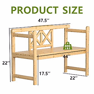 Outdoor Bench, 4 ft Patio Wooden Bench, Weatherproof Sturdy Wood Frame Garden Bench, 2-Person Loveseat with Armrests and Backrest, 800Lbs Weight Capacity, for Porch, Entryway - 22"D x 47.5"W x 34"H