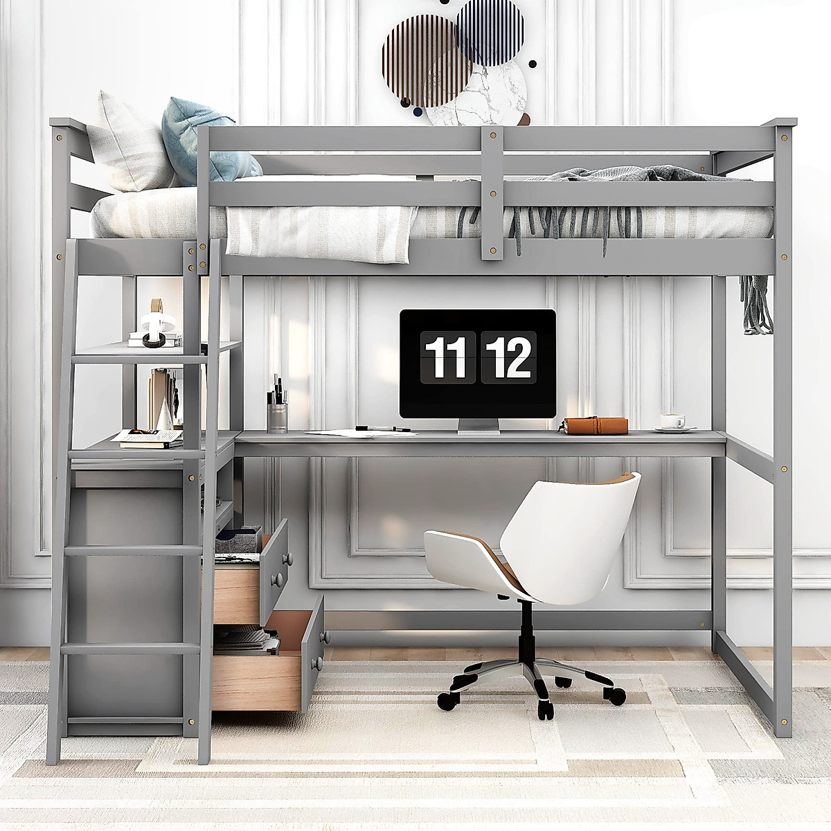BIADNBZ Full Size Loft Bed with Long Desk, Two Drawers and Shelves Storage, Wooden Versatile LoftBed Frame for Teens Adults Bedroom Apartment, Gray