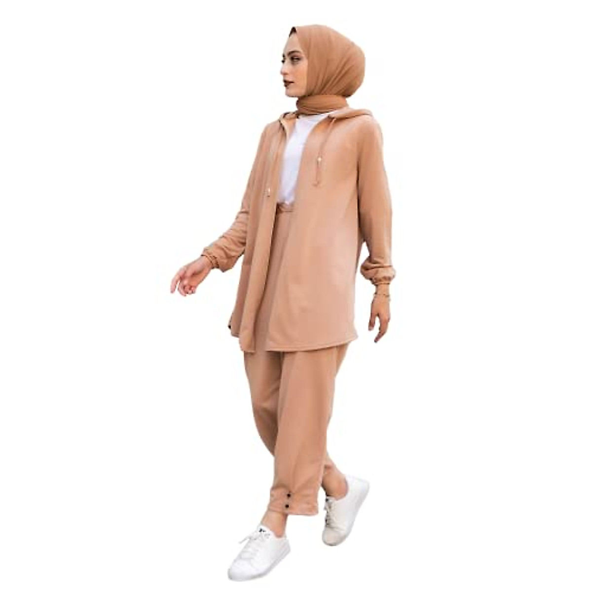 Salma's Apparel Women's 2-Piece Sweatsuits | Long Sleeve Zip Hoodie Sweatshirt with sweatpants | Muslims Track Suits for Women, Coffee with Milk