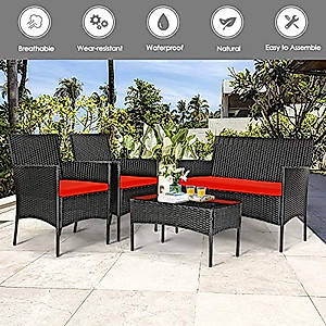 HAPPYGRILL 4pcs Patio Furniture Set Rattan Wicker Conversation Set with Tempered Glass Top Table, Outdoor Wicker Sofa Set with Removable Cushions for Poolside Garden Backyard