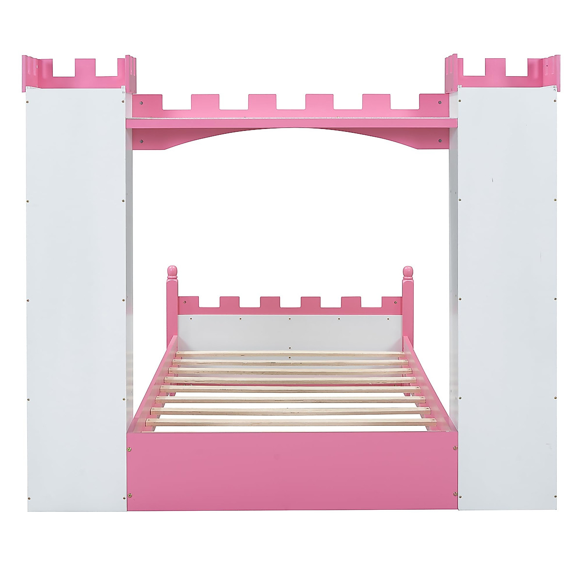 VilroCaz Castle-Shaped Wooden Platform Bed with Storage Shelf, Dreamy Twin Size Kids Platform Bed for Girls Boys Bedroom, Sturdy Slats Support (White+Pink Castle)