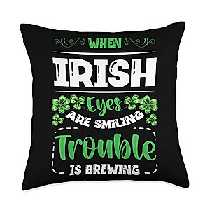 St. Patrick Gift For Men Irish Shamrock When Irish Eyes are Smiling Trouble is Brewing St. Patricks Throw Pillow, 18x18, Multicolor