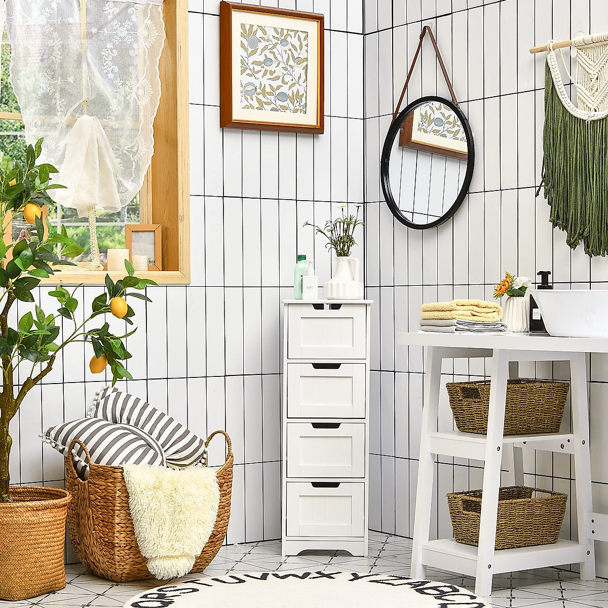 Tangkula Bathroom Floor Cabinet with 4 Drawers, 12 x 12 x 32 Inch, Freestanding Storage Cabinet for Bathroom Living Room, Wooden Bathroom Cabinet for Home Office (White)