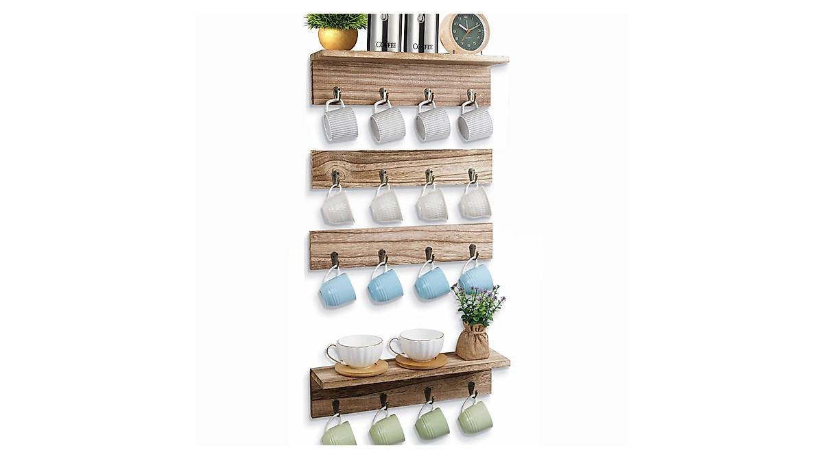 Rustic Coffee Mug Rack with Storage Shelves - Farmhouse Wall Organizer
