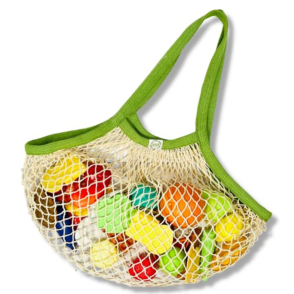 Green Handle US - Mesh Net Bag with Long Shoulder Handle Bag Stretchable Reusable for Grocery Shopping Beach Toys Storage (Green Handle)