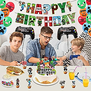 Pixel Themed Birthday Party Supplies, Pixel Style Birthday Banner, Gamer Balloons, Pixel Cake and Cupcake Toppers for Boys Miner Video Game Theme Party Decorations