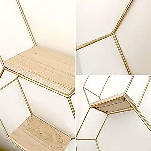 Gold Metal Wire Geometric Hexagon Floating Shelf | Two Brass Colored Vertical Honeycomb Shaped Hanging Wall Shelves | Mid Century Style Vanity Shelf | 16 x 9.25 x 3.75 Inches