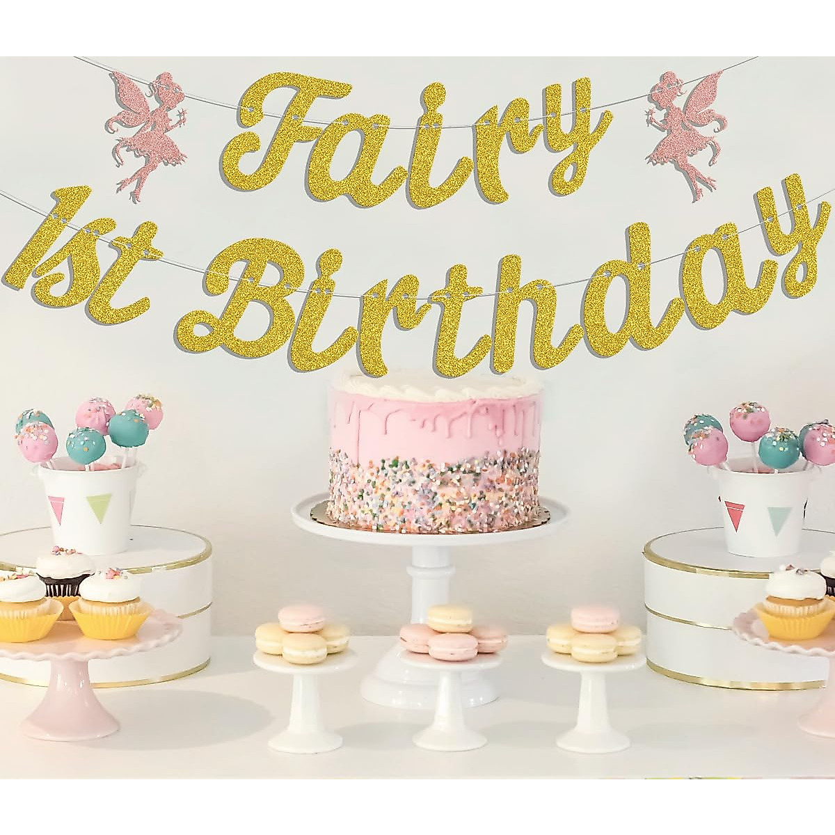 Fairy 1st Birthday Banner, Cute Fairies 1st Birthday Party Decorations, Flower Fairy Girl Happy First Birthday Anniversary Baby Shower Party Supplies Gold Rose Gold