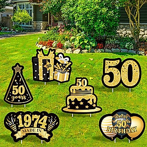 JAPBOR 6PCS Happy 50th Birthday Yard Sign, Black Gold Shiny 50th Lawn Signs with Stakes, Cheers to 50 Years Old Bday Outdoor Lawn Decorations, Women Men 1973 Party Yard Anniversary Decor Supplies