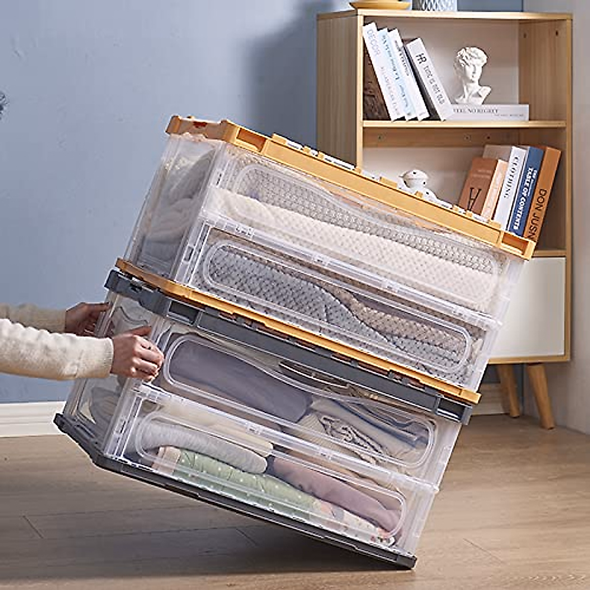 Folding and Stackable Bin with Lid | Storage Container | Storage Organizer | Storage Totes | Trunk Organizer, 45 Liter, Set of 2, Clear & Gray