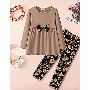 Yekaty Little Girls Clothing Set Kids Soft Crewneck Long Sleeve Outfits With Bowknot Khaki Tops+Floral Loose Pants Sets