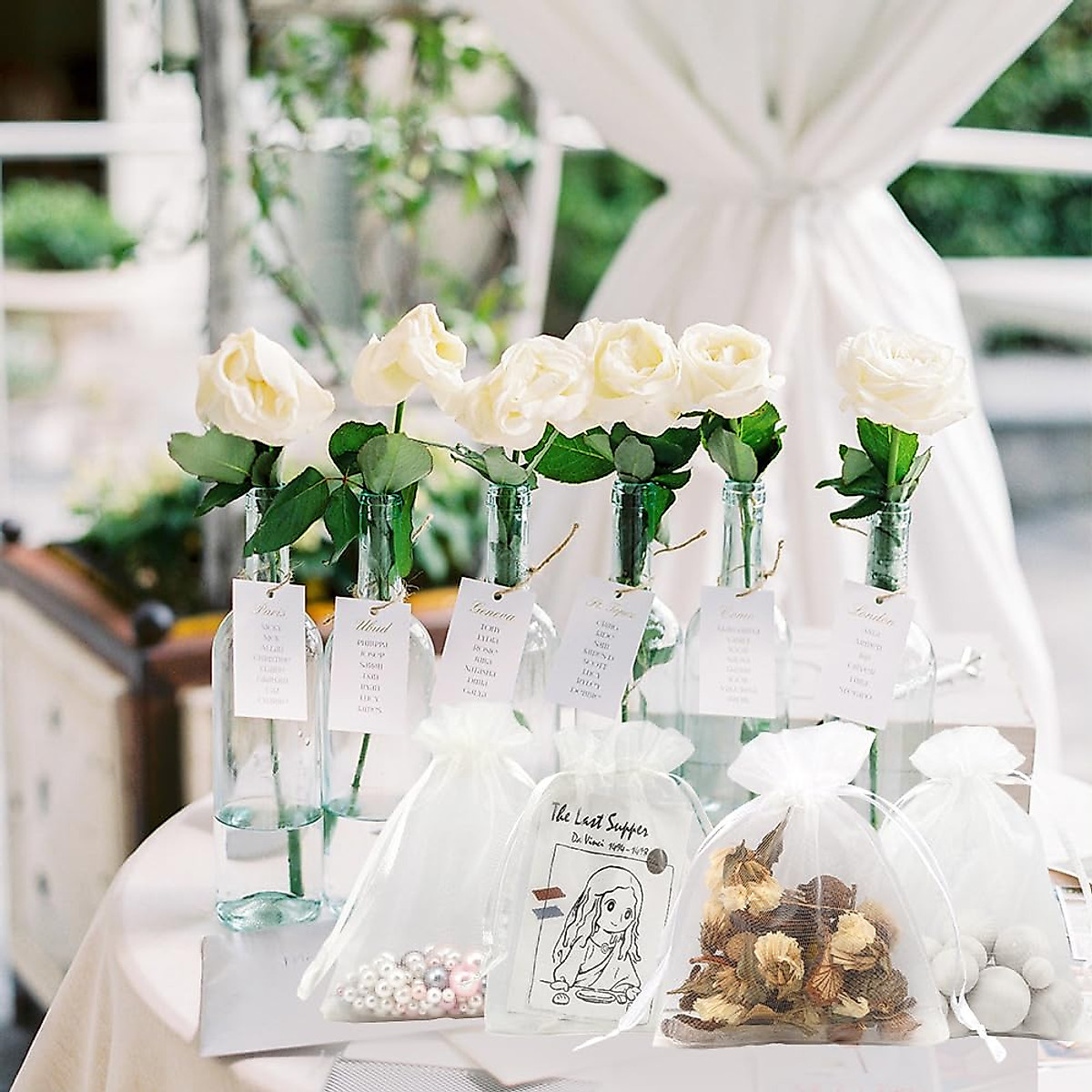 Organza Bags, 50 Pcs Small Mesh Bags Drawstring 3.54"x4.72"(9x12cm), White Jewelry Bags Drawstring Mesh Gift Bags for Party Wedding Christmas Jewelry Candy Bathroom Soaps Makeup Wrapping Supplie